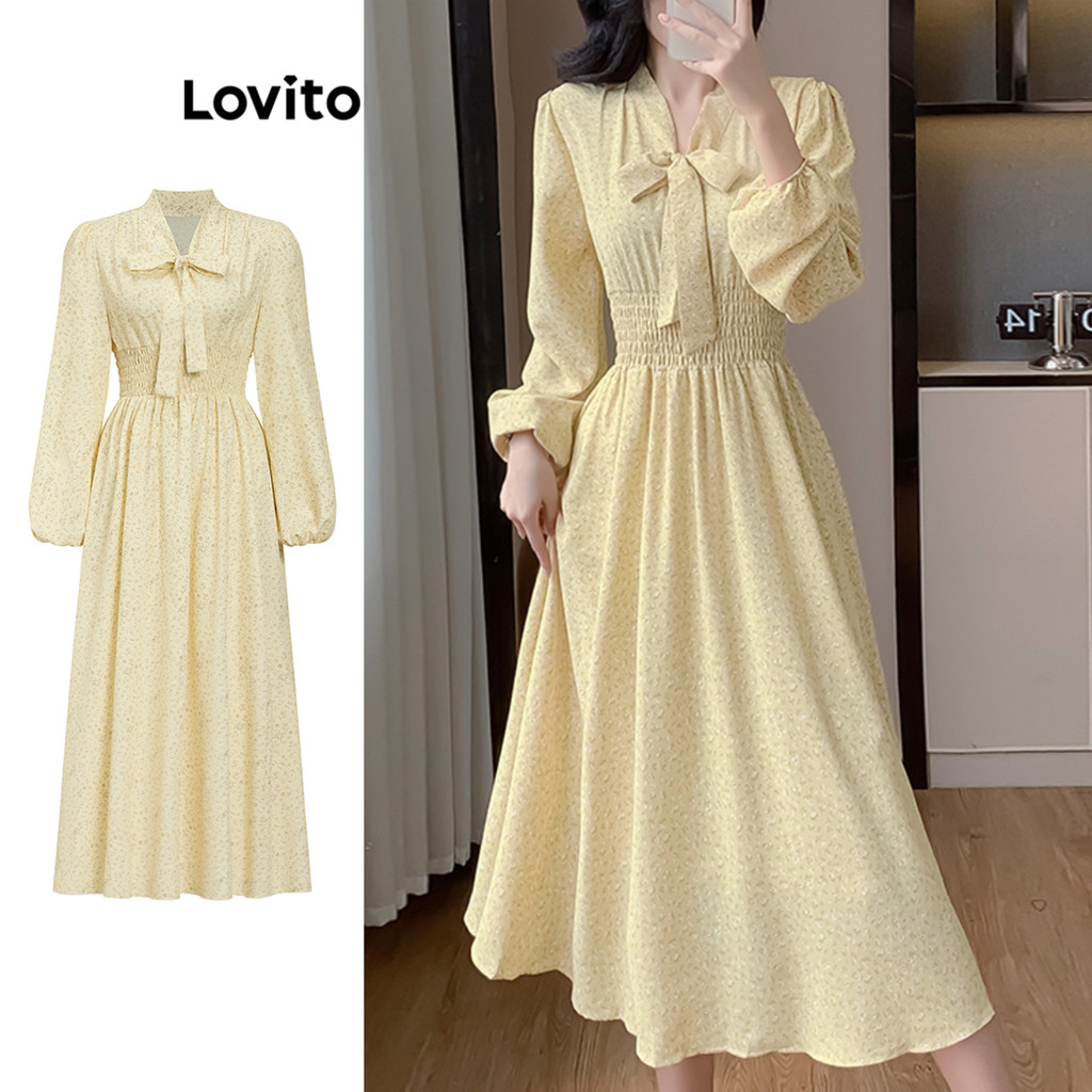 Lovito Elegant Ditsy Floral Smocked Tie Front Ribbon Dress for Women ...