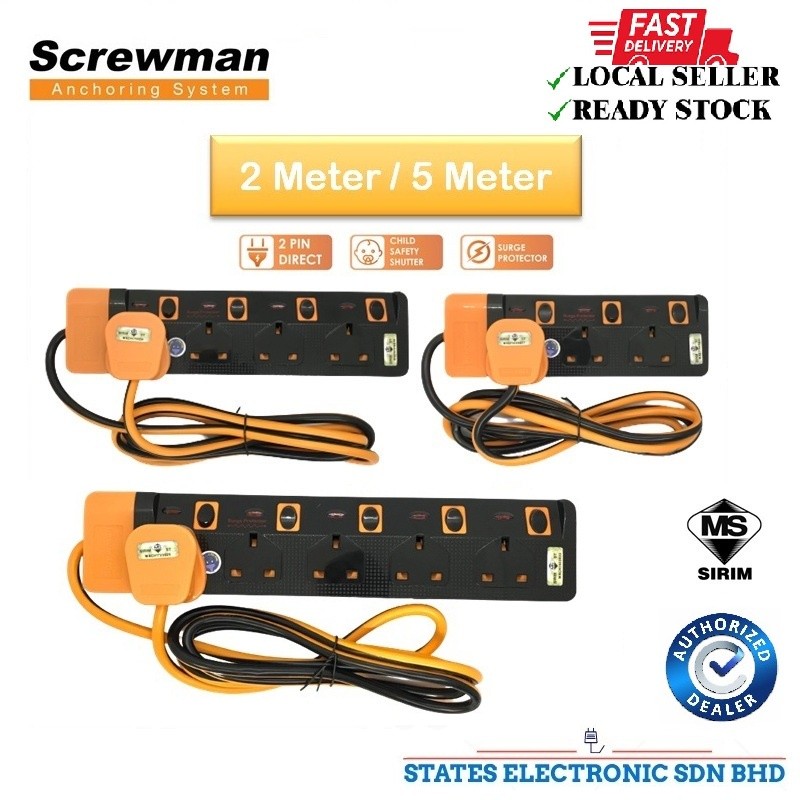 Screwman 13a Trailing Socket 3 4 5 Gang 2 5meter With Sirim Approval And Surge Protection