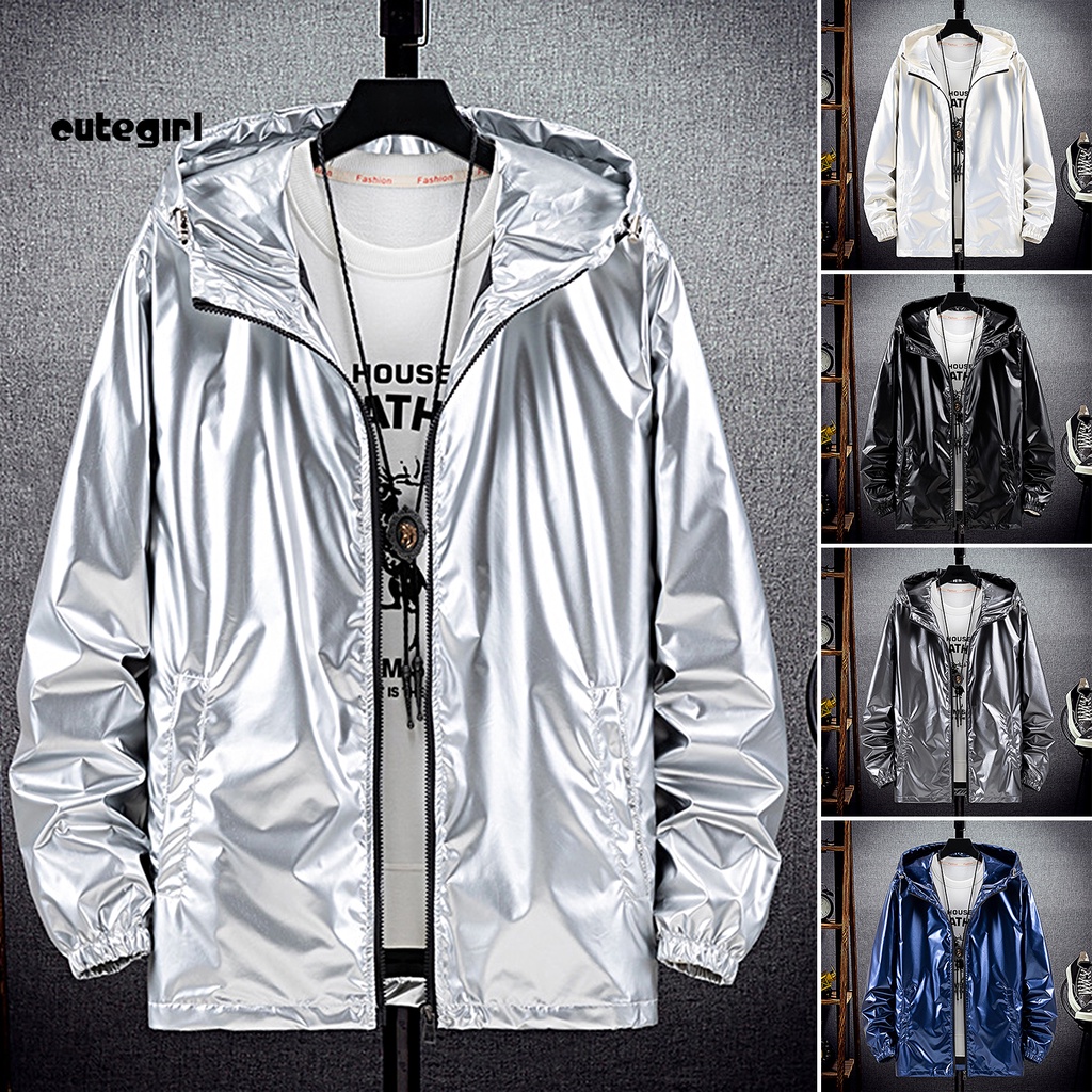 CGM-Men Hooded Jacket Bright Surface Zipper Solid Color Slim Fit ...