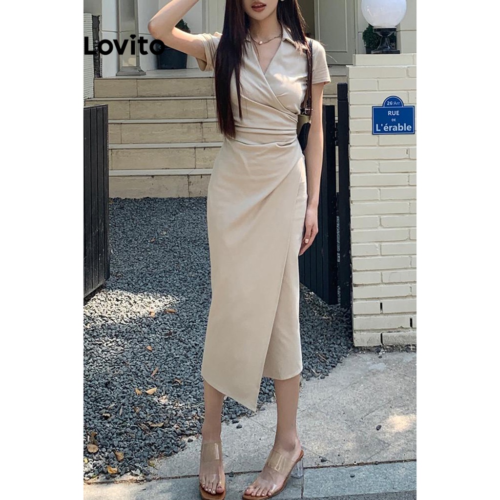 Lovito Casual Plain Ruched Asymmetrical Dress For Women Lne29416 White