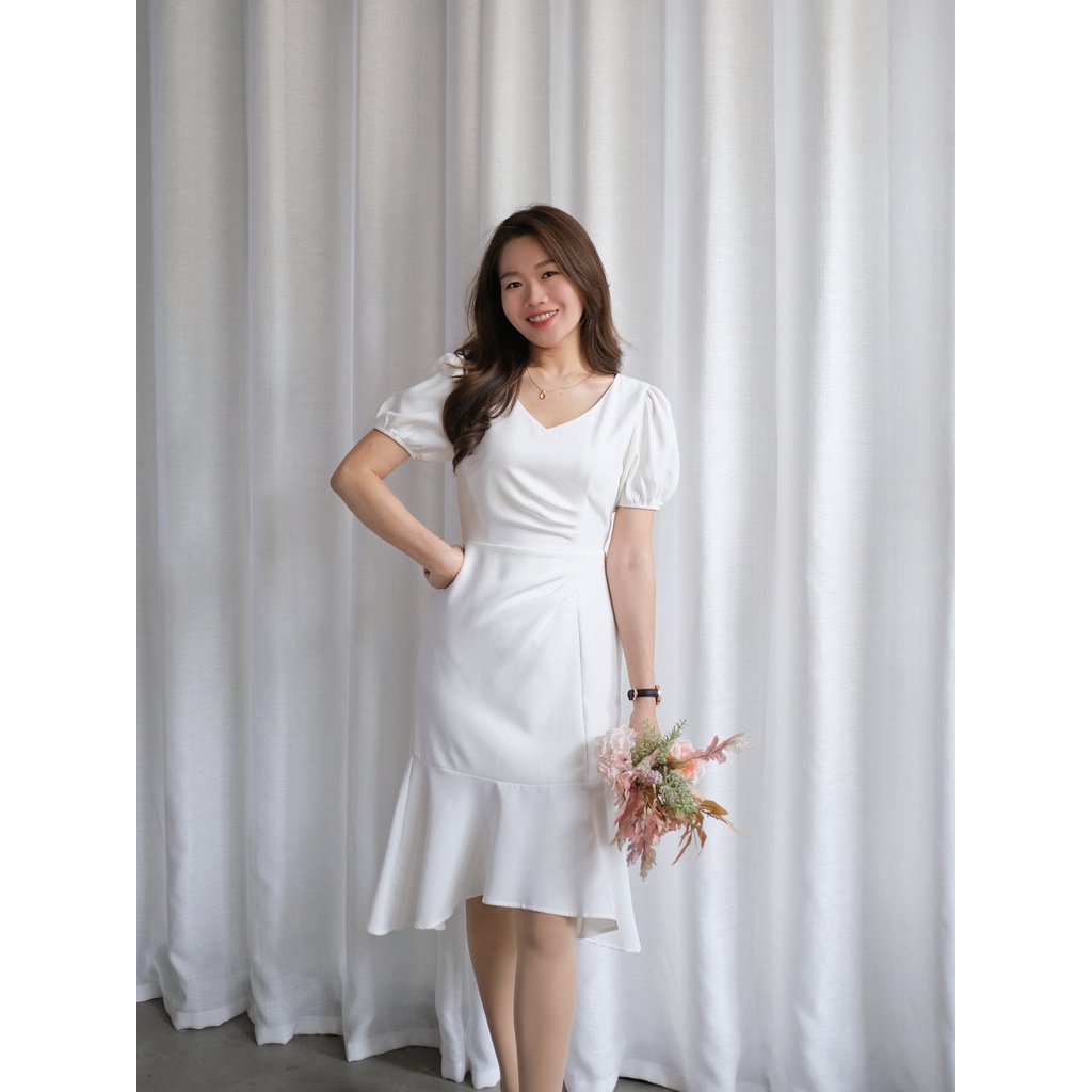 ACEWIN V-Neck Puff Sleeve Asymmetrical Hem Flounce Dress (Size S-XL ...