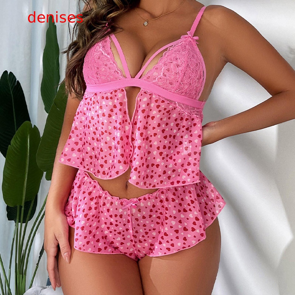 Womens Sexy Strap Lace Love Mesh Pajamas Valentines Day Printed Sexy