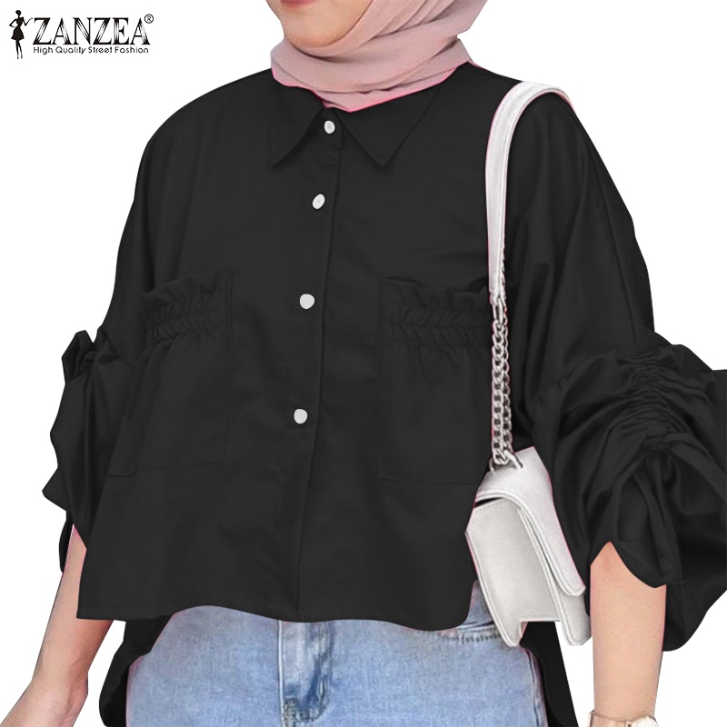 ZANZEA Women Muslim Drawstring Cuffs Long Sleeves Turn-Down-Collar ...