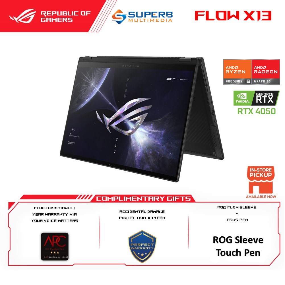 Asus FLOW X13 GV302X-UMU002W Laptop (AMD 7th R9, 16GB RAM, 1TB SSD, Nvidia RTX4050 6GB, 13.4 ...