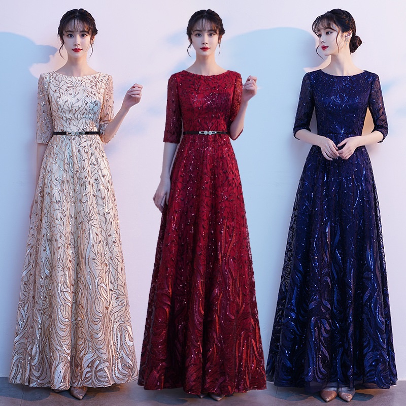Elegant Sequins Chorus Performance Dress Temperament Mid Sleeve Round Neck Banquet Evening ...