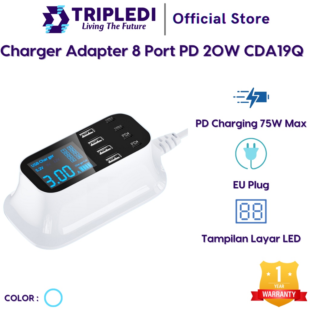 Tripledi Charger Adapter 8 Ports CDA19Q Fast Charging USB A 2.4 Type C ...