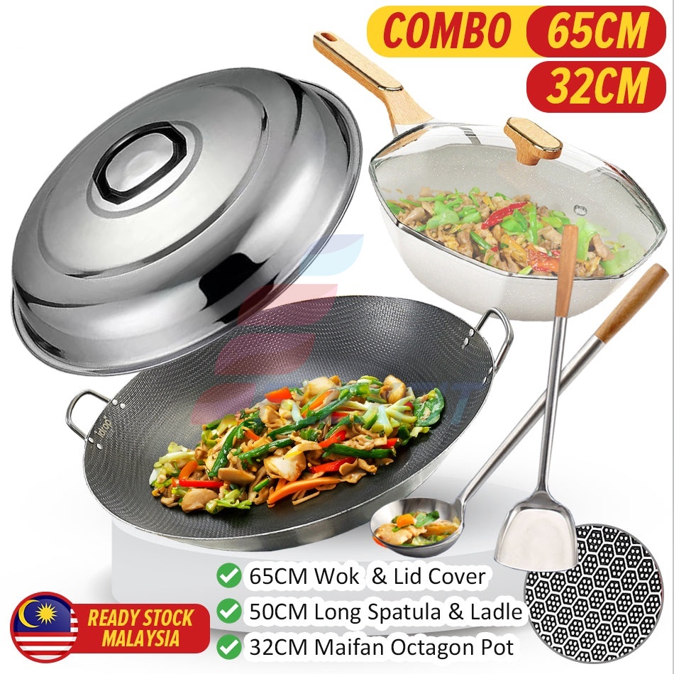 Flexfitt [SUPER COMBO SET] 65CM Mega Large Honeycomb Nonstick Cooking Wok with Lid Cover ...