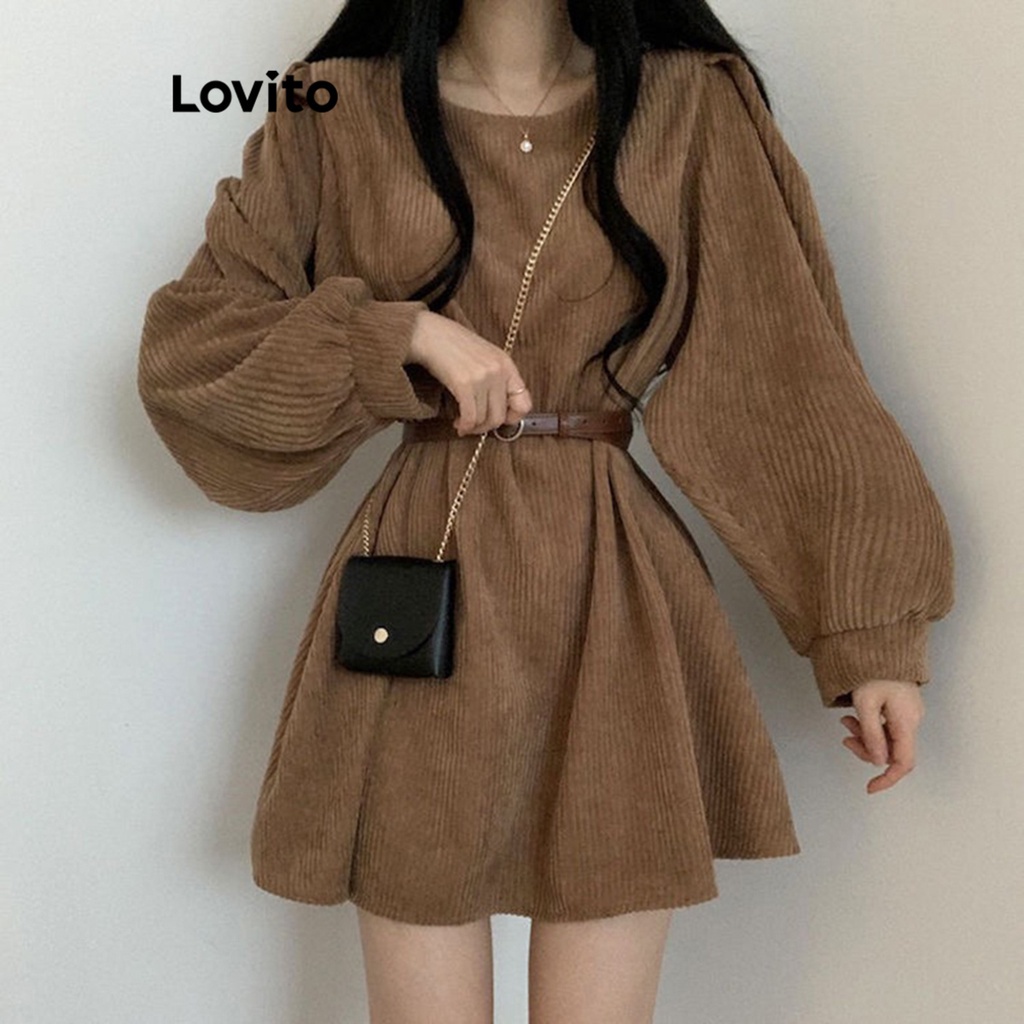 Lovito Casual Plain Puff Sleeve Corduroy Dress for Women LNE24102 ...
