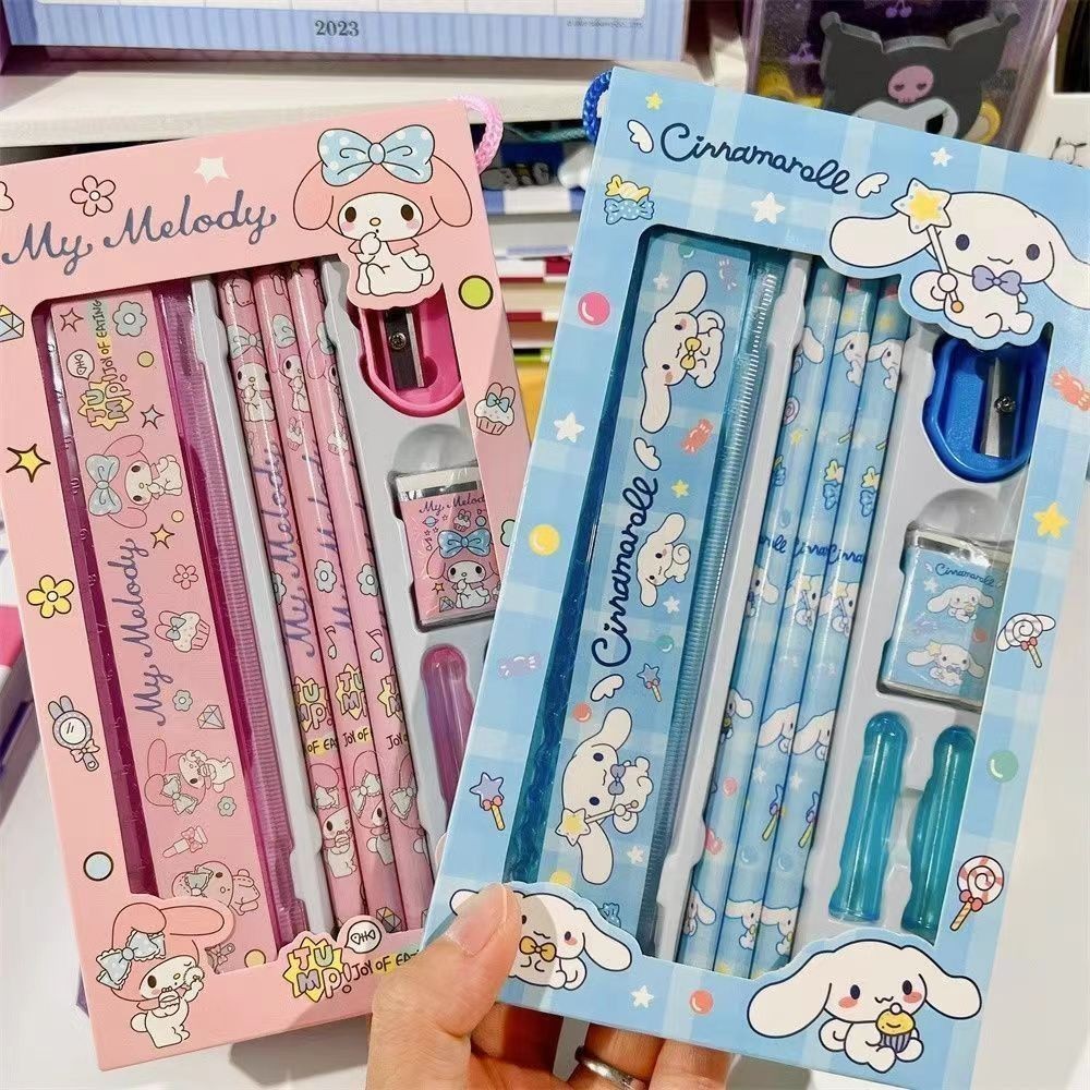 8PCS Cartoon Labubu Sanrio Pencil Gift Set Cute Melody Kulomi Children ...