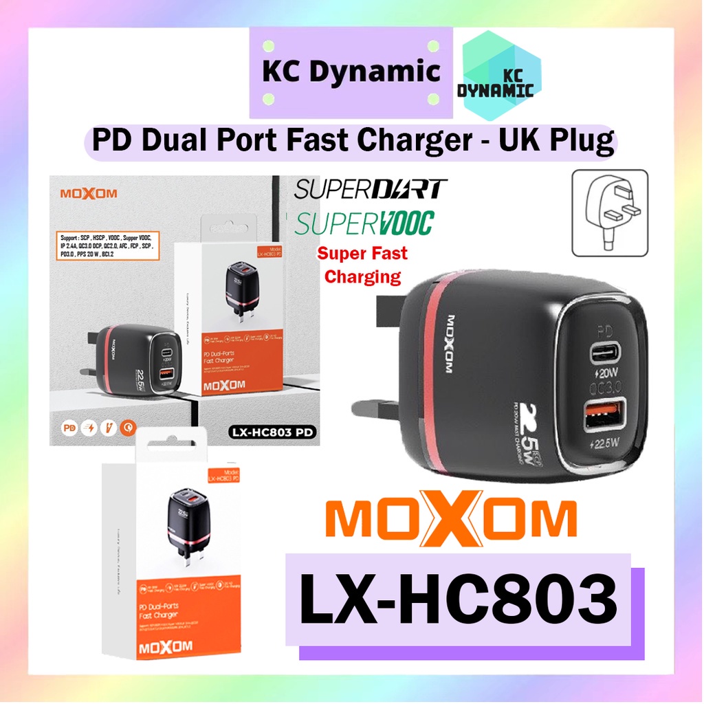 Moxom LX-HC803 Dual Port Fast Charger 22.5W QC4.0 UK Plug 3 Pin Plug Adaptor LX-HC803PD HC803 ...