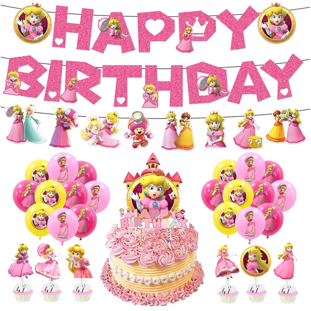 Super Mario Princess Peach Theme Banner Flag Cake Topper Party ...