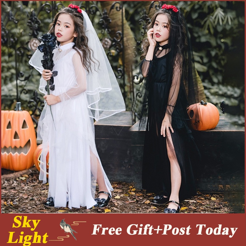 Ghost Bride Costume Bride Zombie Dress For Kids Girl Black White Witch ...