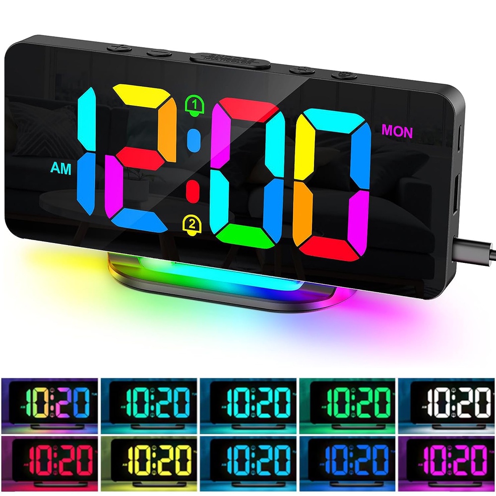 Digital Alarm Clock 10 Color RGB Nightlights Large LED Digital Clock ...