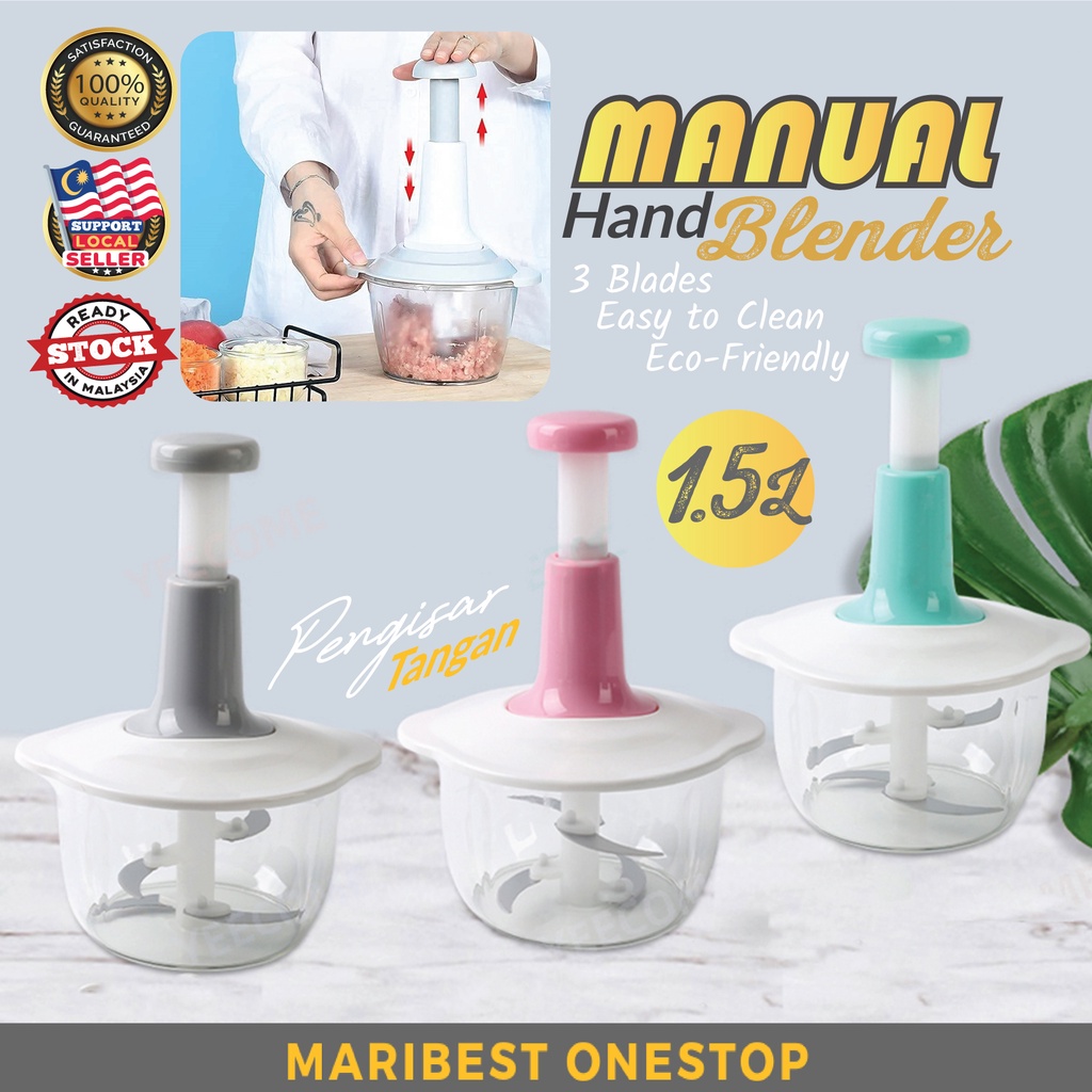 1.5L /1500ml Manual Hand Blender Chopper Mixer Food Processor Garlic ...