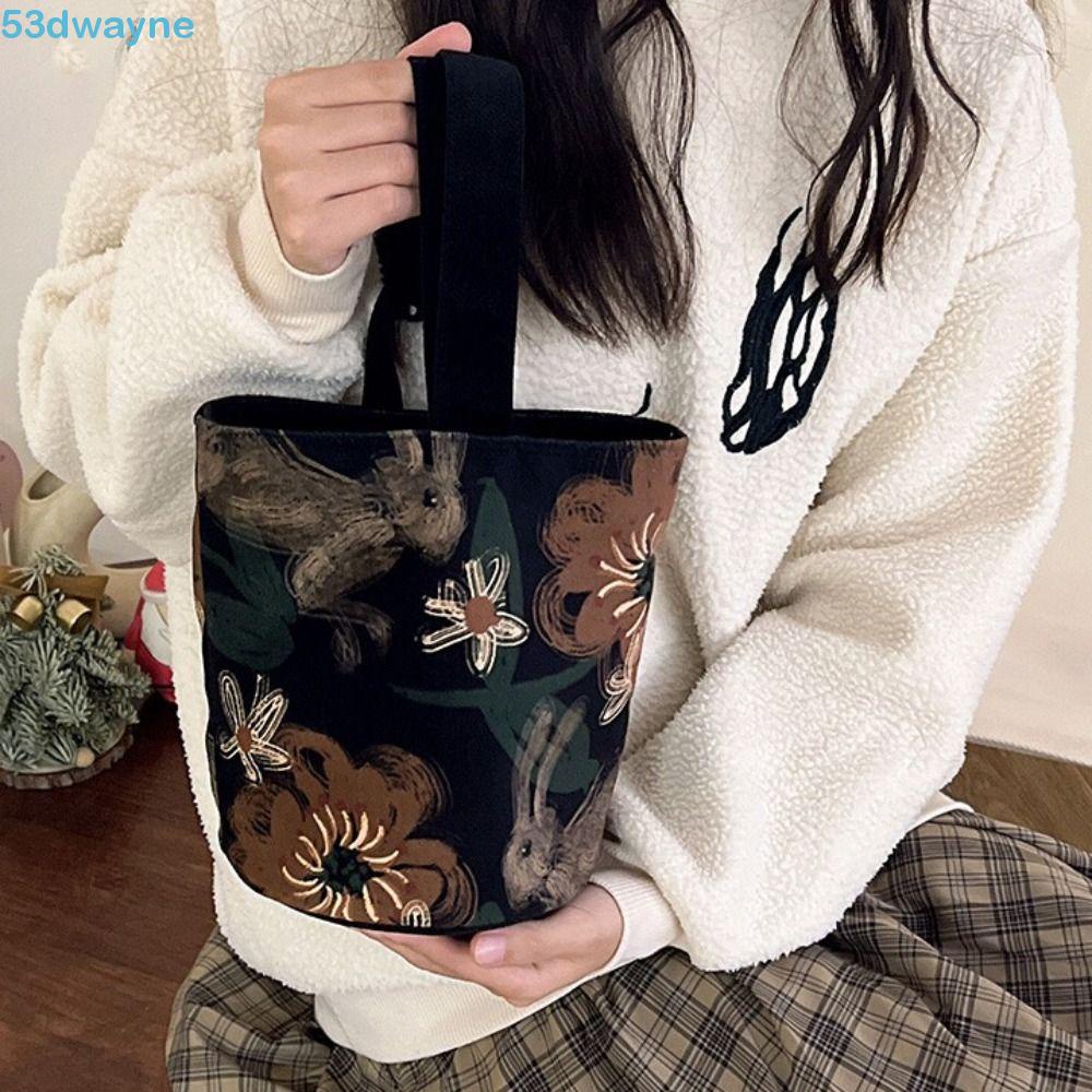 DWAYNE Flower Print Handbag, Shoulder Bag Animal Rabbit Canvas Bucket ...