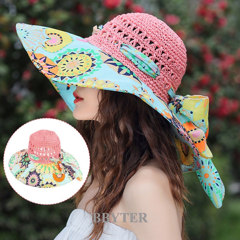 BBYTER Women's Summer Bucket Folding Fashion Straw Hat Panamas UV ...