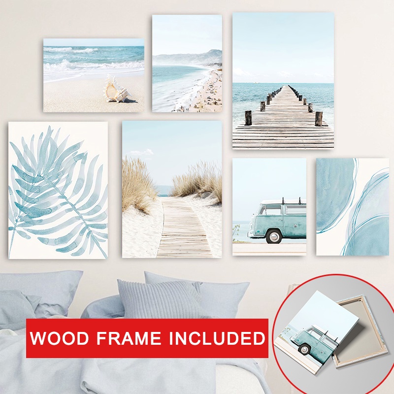 （With Frame）Blue Beach Ocean Shell Canvas Painting with Frame Sea Palm ...