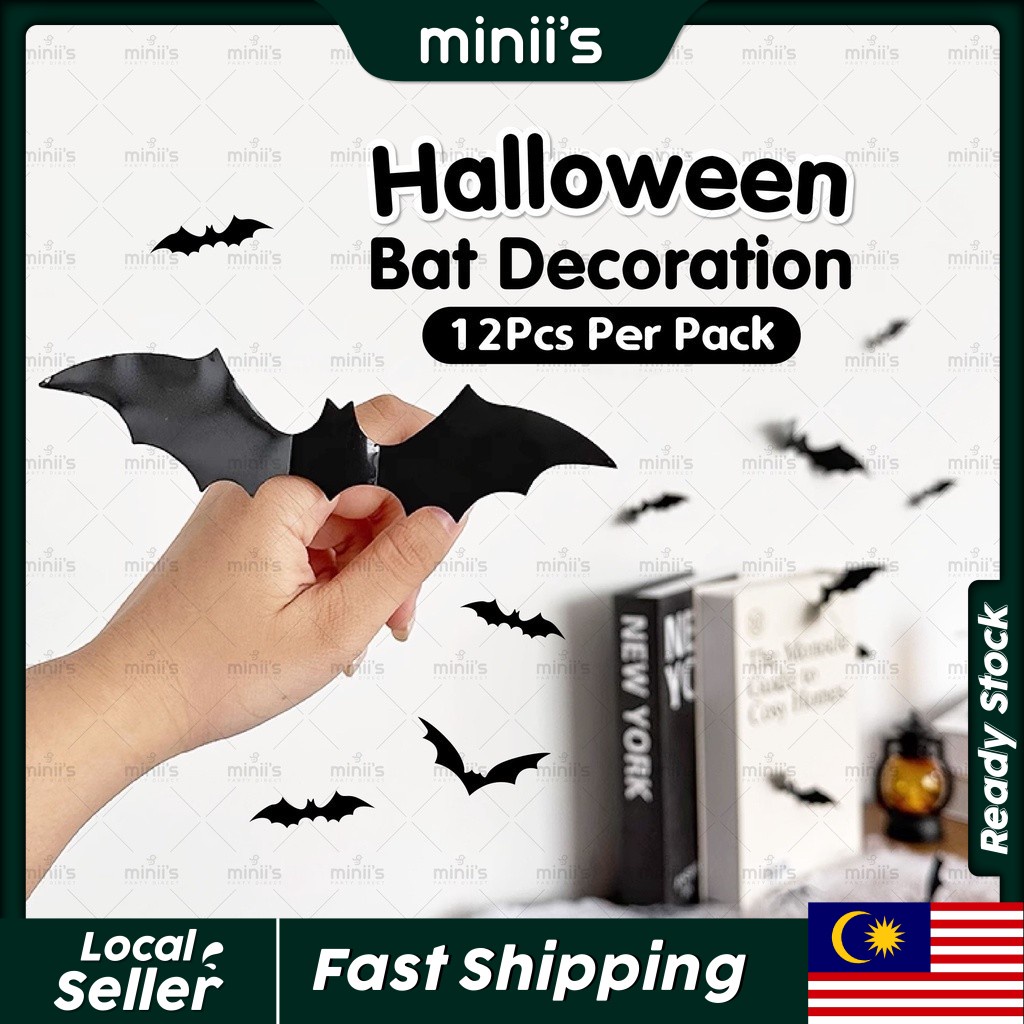 MINIIS PARTY 3D Bat Stickers 3D Black PVC Bat Halloween Decoration Set ...
