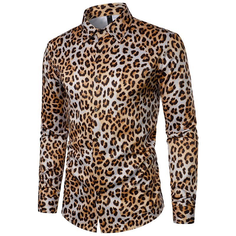 Men Leopard Print Shirt, Long-Sleeved Shirt, Large Top, Nightclub Party ...
