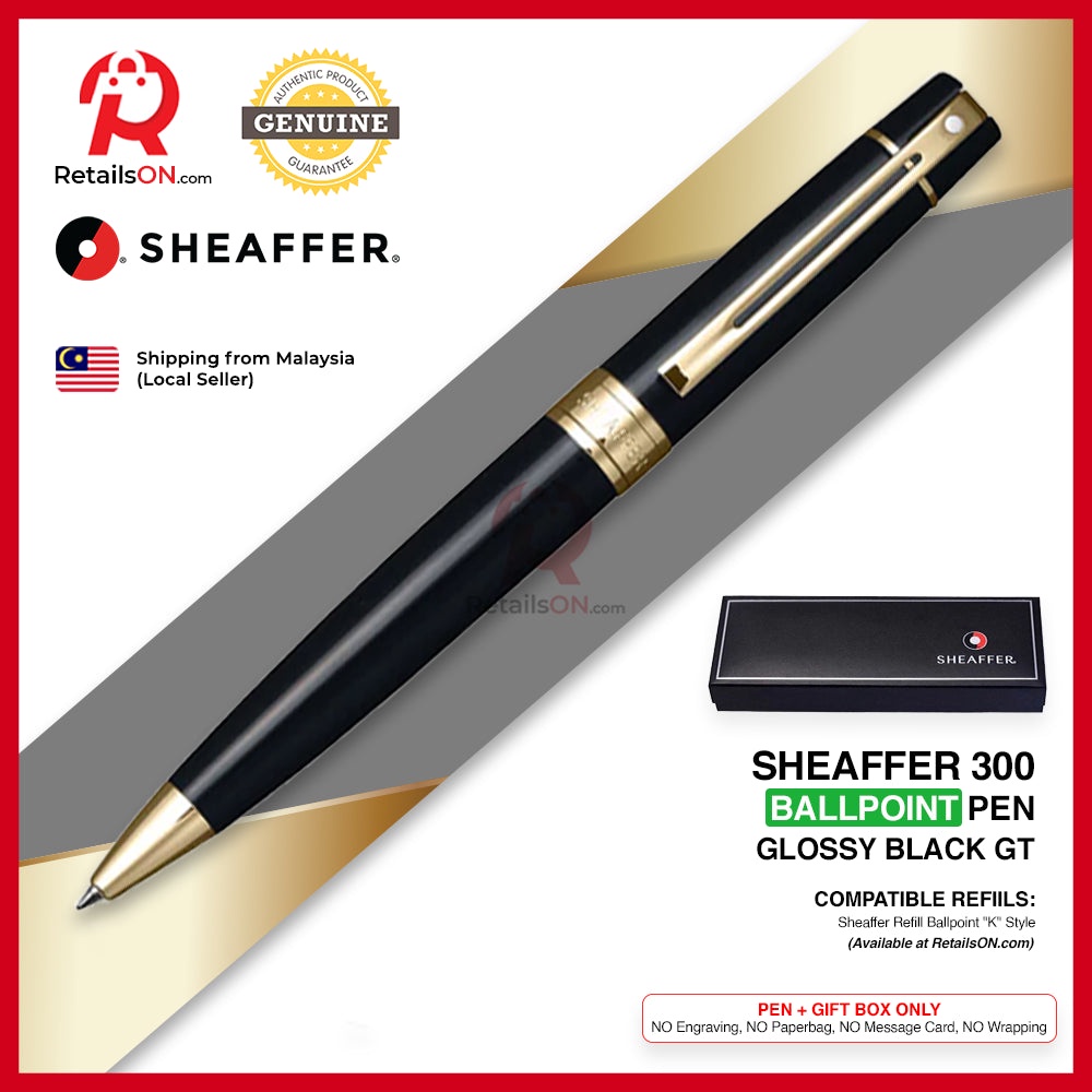 Sheaffer 300 Ballpoint Pen - Black Gold Trim (with Black - Medium (M) Refill) / {ORIGINAL ...