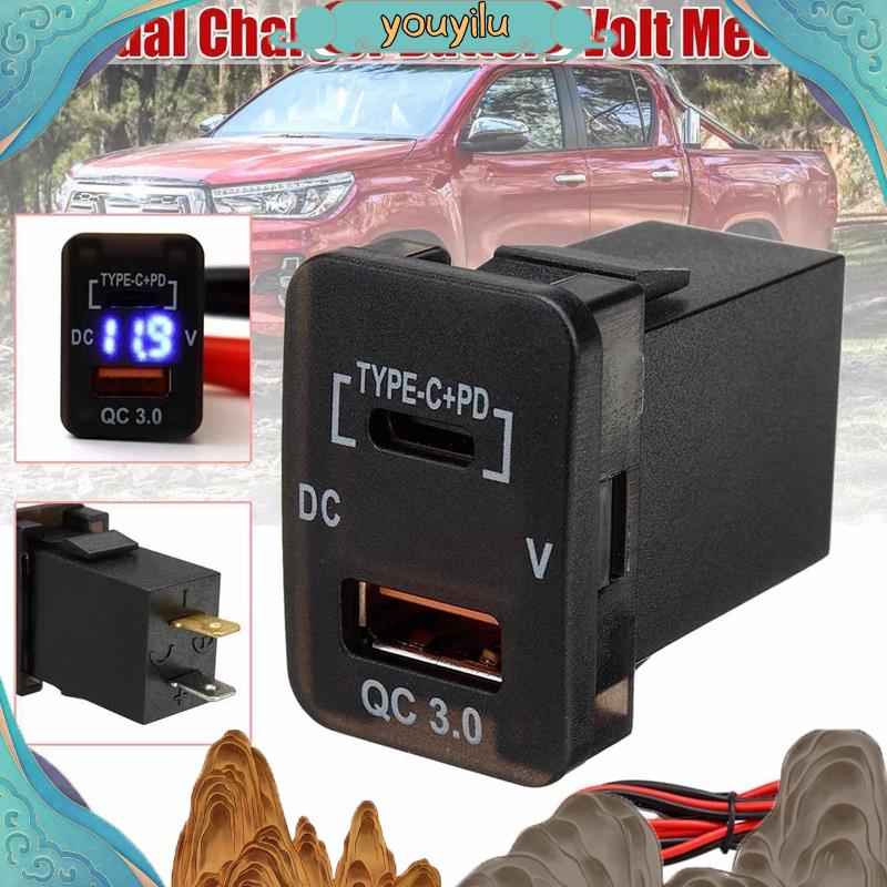 Car Type-C+PD QC3.0 Charger Dual USB Adapter Dashboard Socket Voltmeter ...