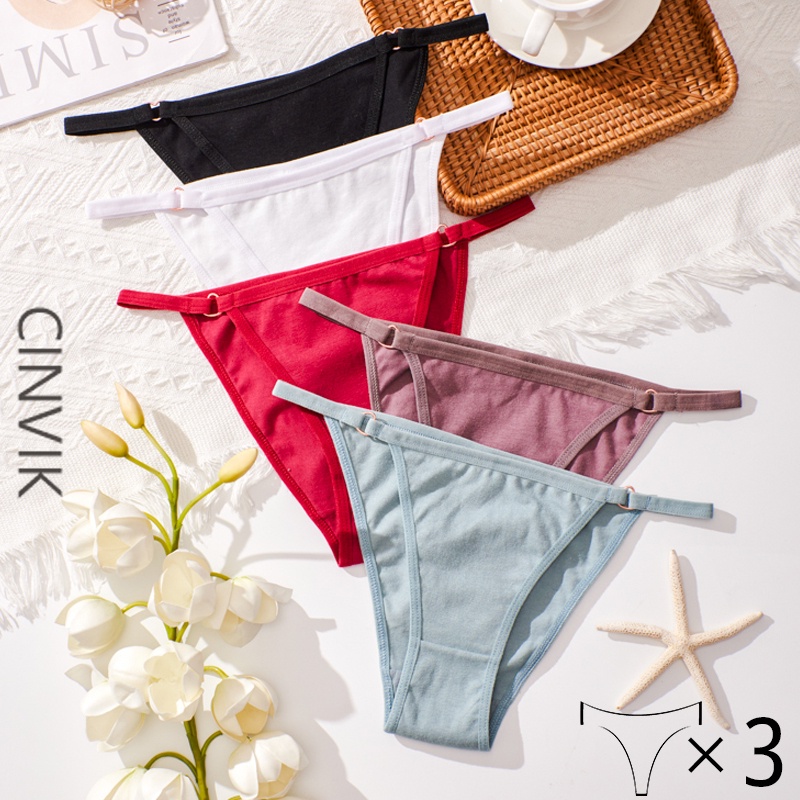 Cinvik 3pcs Set Cotton Thong Women Sexy Low Waist Panties G String
