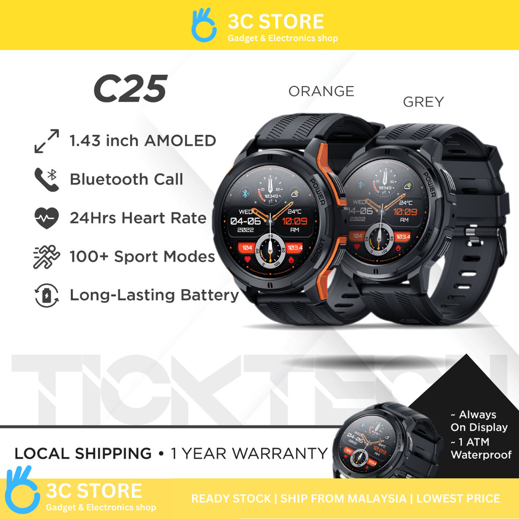 Ticktech TT_C25 AMOLED 1.43" screen bluetooth smartwatch IP 68 water resistant support android ...