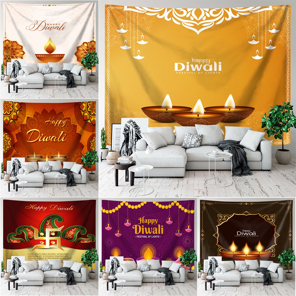 Happy Diwali Wall Tapestry with Clips Happy Deepavali Polyester ...