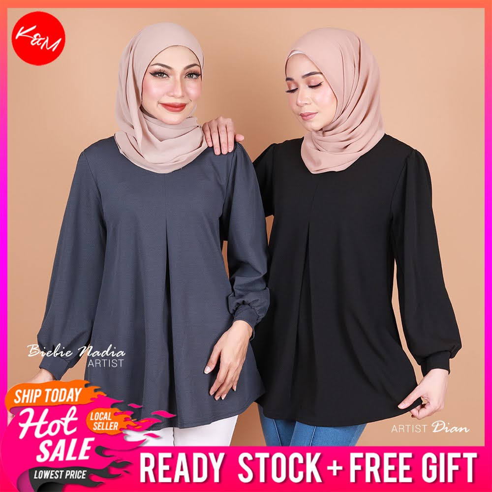 KM Women Plus Size Front Slit Puff Long Sleeves Blouse Baju Muslimah ...