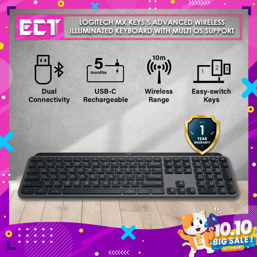 Logitech MX Keys S Advanced Wireless Illuminated Keyboard with Multi OS Support (Graphite | Pale ...