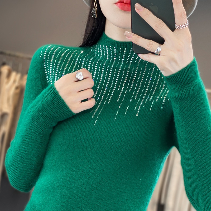 Women's Winter Cute Mock Neck Long Sleeve Rhinestone Sparkling Sweater ...