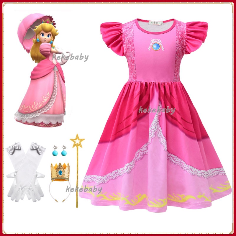 Kids Girls Peach Princess Dress Cosplay Super Mario Brother Children ...