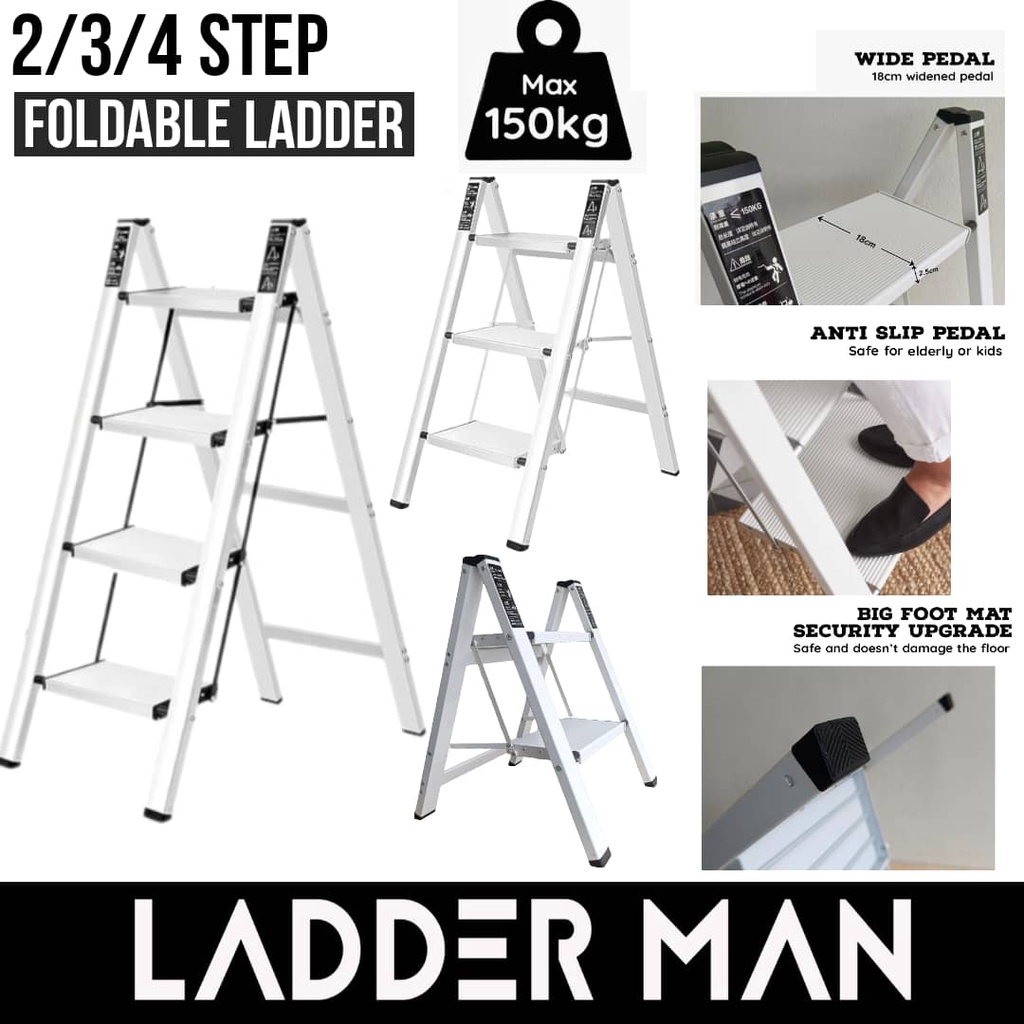 2/3/4 Step 150kg Capacity Heavy Duty Foldable Ladder Folding Step Stool ...