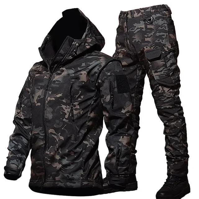 Camo Waterproof Working Sets Men Soft Shell Hooded Jacket Training ...