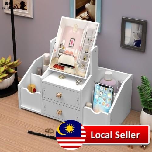 Makeup Table Box 360 Mirror 4 Compartment 2 Drawer Mini Dressing Table ...