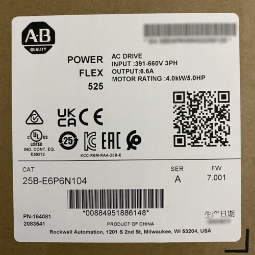 Allen-Bradley 25B-E6P6N104 PowerFlex 525 AC Drive 4KW 5HP 25BE6P6N104 ...