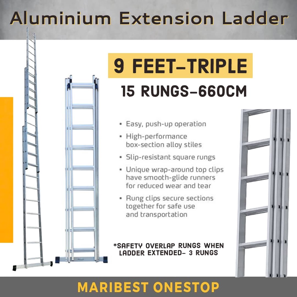 9 Feet 27 Steps Triple Extension Telescopic Ladder Heavy Duty Foldable ...