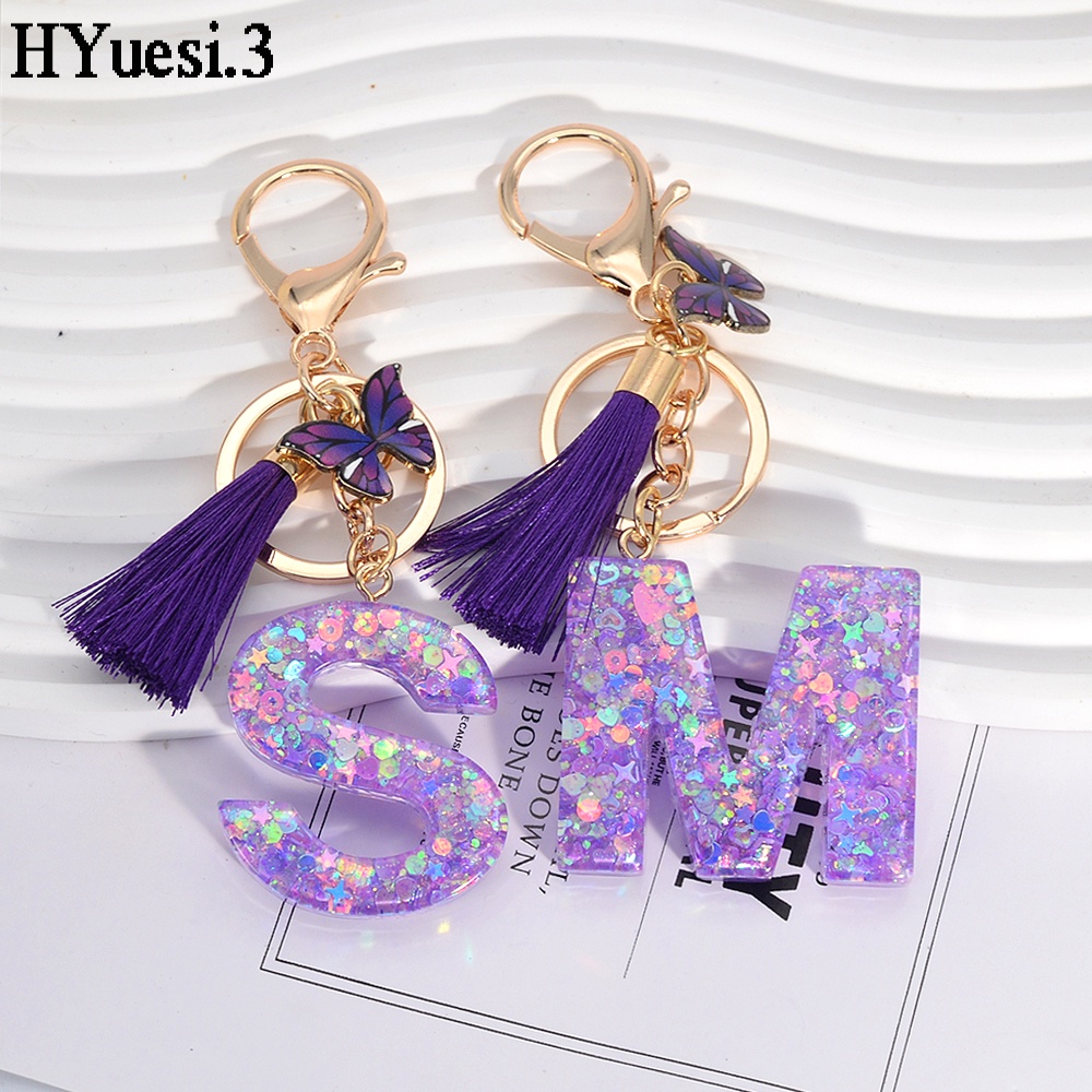 Glitter 26 Initials Name Keychain Purple Color Sequin Filled Letter Key ...
