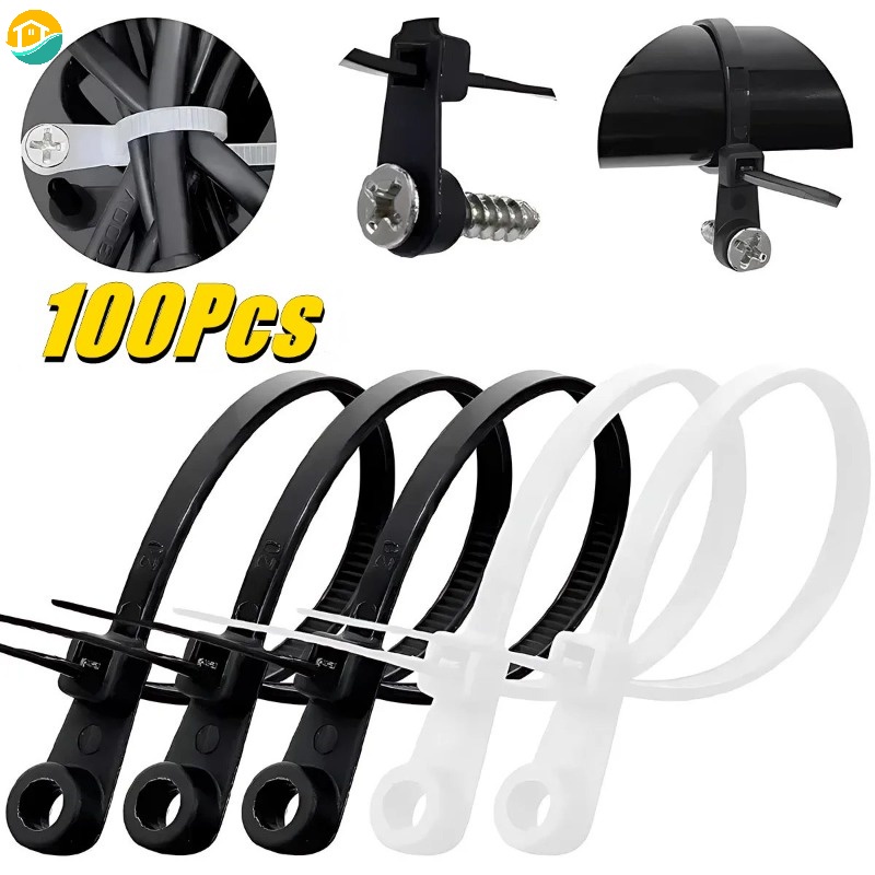100Pcs Simple Nylon Cable Tie with Screw Hole Mount Self Locking Loop Wrap Bundle Fixed Cord ...