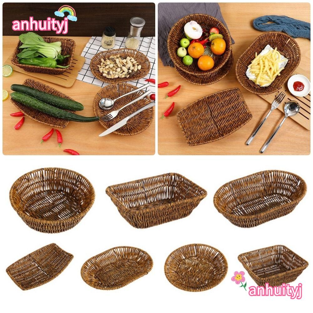 LANJ 1Pcs Handwoven Rattan Basket, Round Rectangular Shape Breakfast ...
