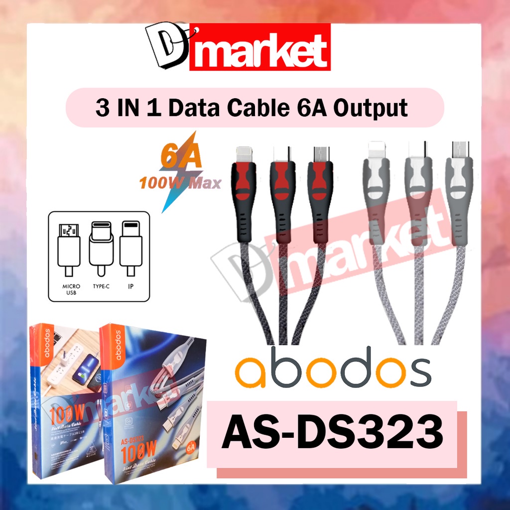 Abodos AS-DS323 3 IN 1 USB Data Cable 6A 100W Fast Charging High Speed ...