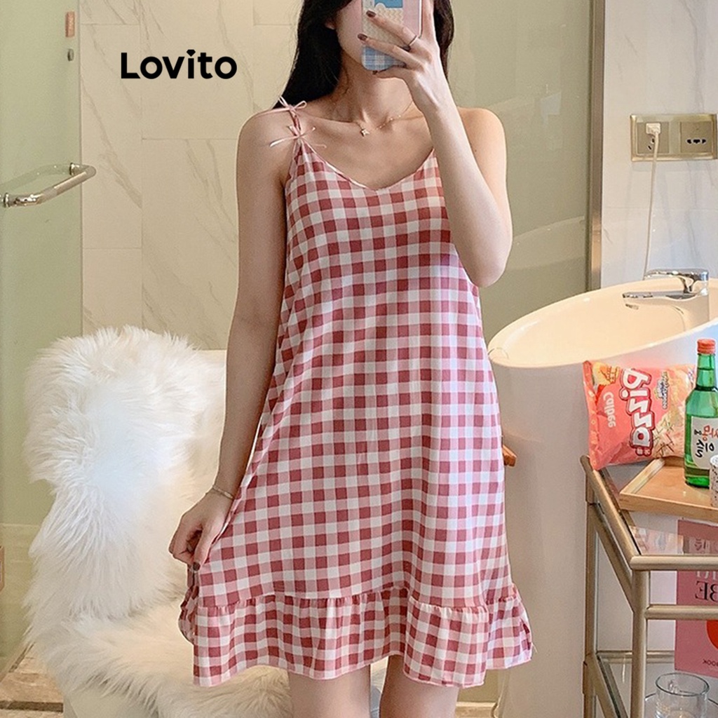 Lovito Casual Checkerboard Bow Sleep Dress for Women LNA34031 (Pink ...