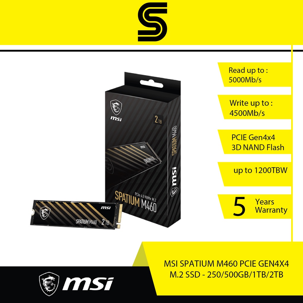 MSI SPATIUM M460 PCIe Gen4x4 M.2 SSD Read UT 5000MB/s (250GB/500GB/1TB/2TB) | Shopee Malaysia