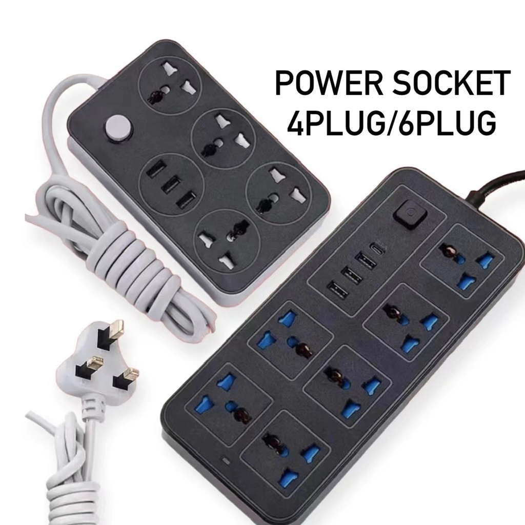 SW_ 4 USB 3 / 6 Port Power Strip Extension Plug Power Socket Electric ...