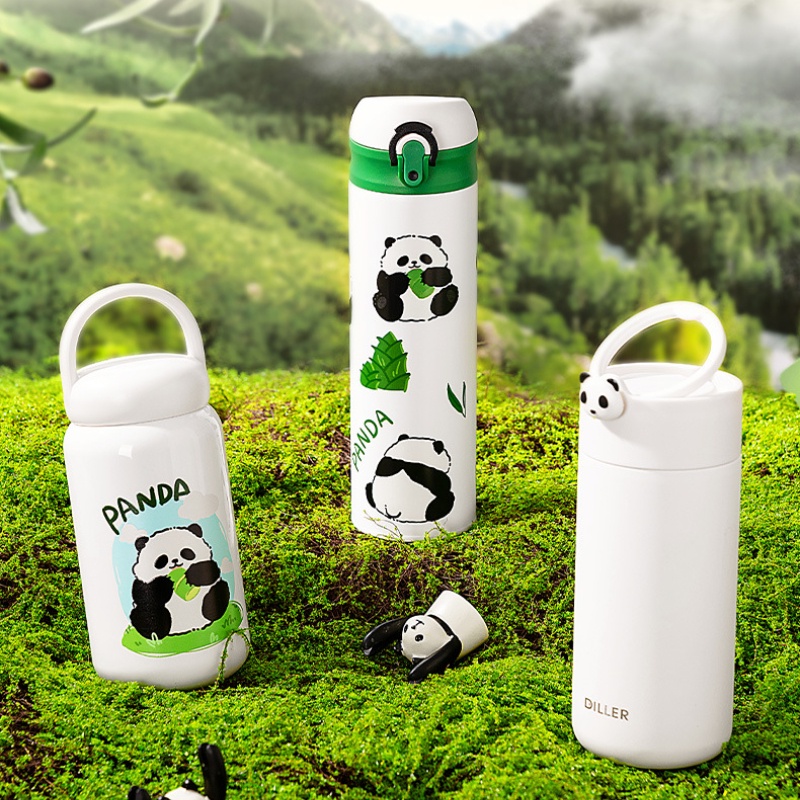 【LUCKY】Cute Panda Thermos Cup 316 Stainless Steel Thermos Water Bottle Portable Handle Thermal ...