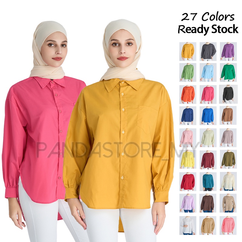 🇲🇾 READY STOCK 27 Colors Muslim Women Long Sleeve Blouse Kemeja Cotton ...