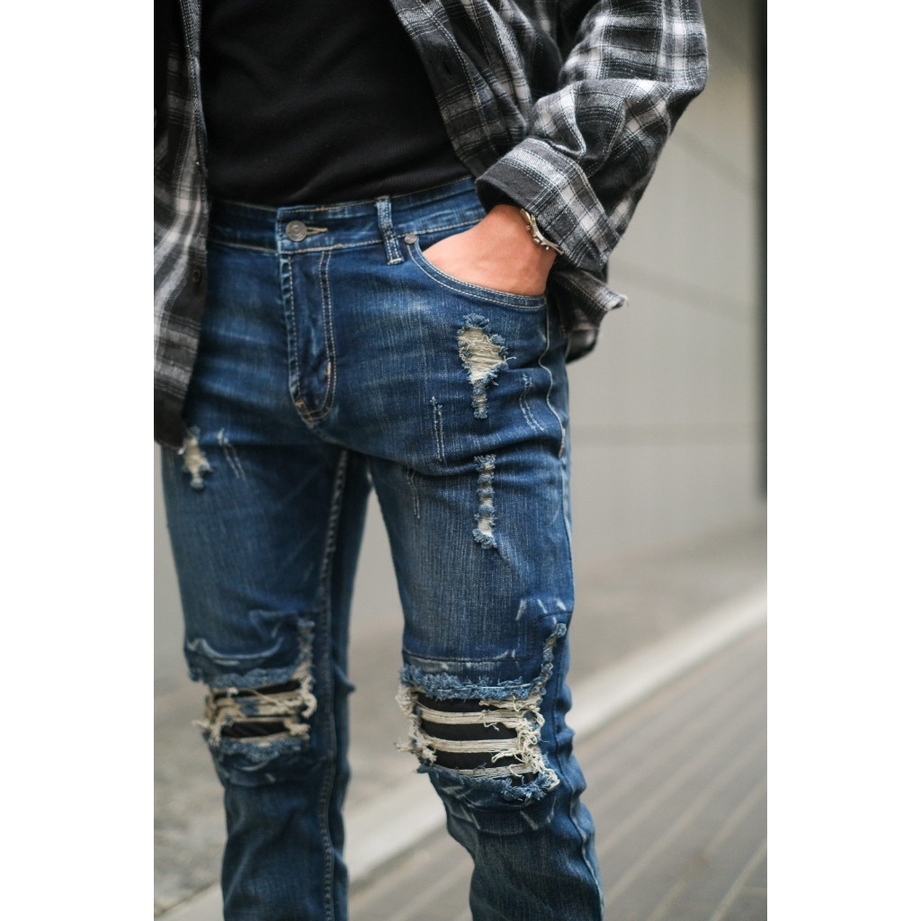 Weird Jeans - Blue Fallen - Men's Ripped Patchwork Strech Denim Jeans ...