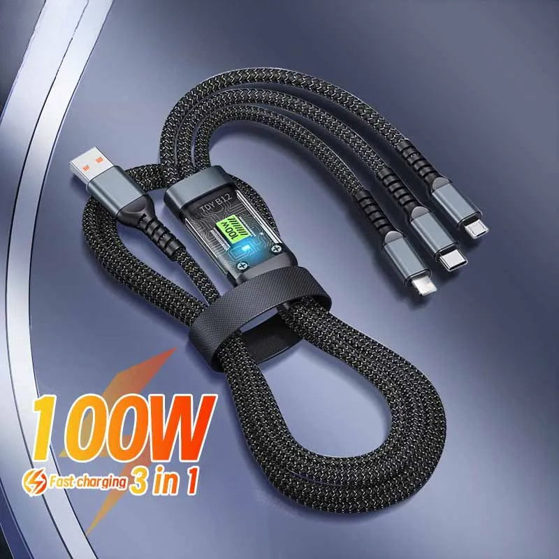 100W 3 in 1 Digital Display Cable 6A USB Type C Fast Charging Cable For ...