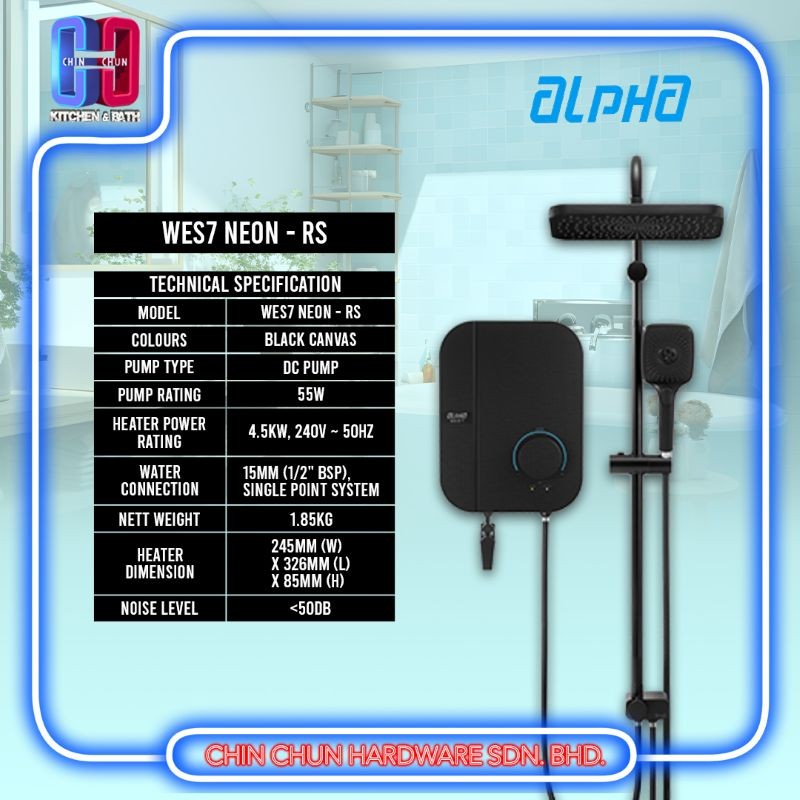 ALPHA WES7 NEON DC PUMP HEATER C/W RAINSHOWER (WES7/N-I RS - BLACK ...