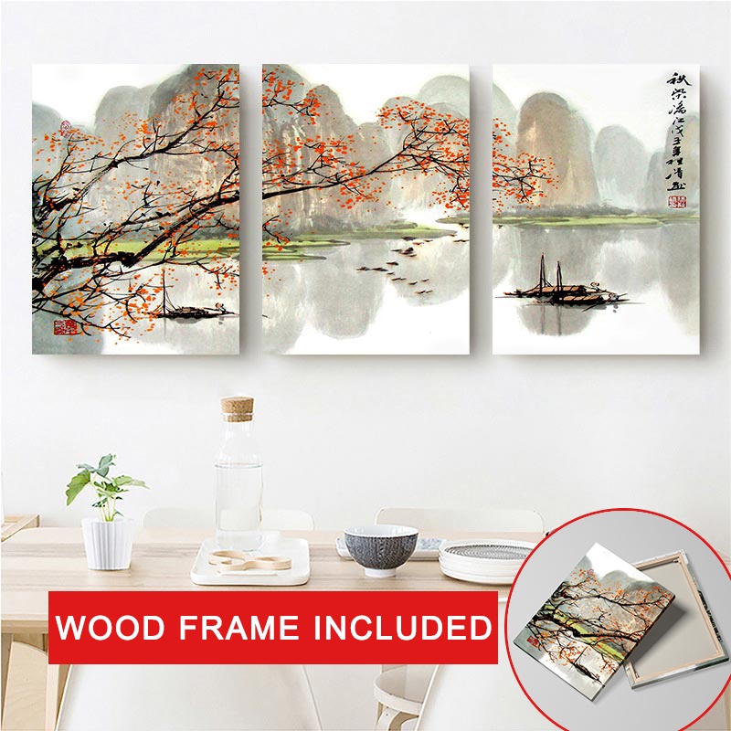 (With Frame）Chinese Landscape Poster with Frame Plum Blossom Mountains ...